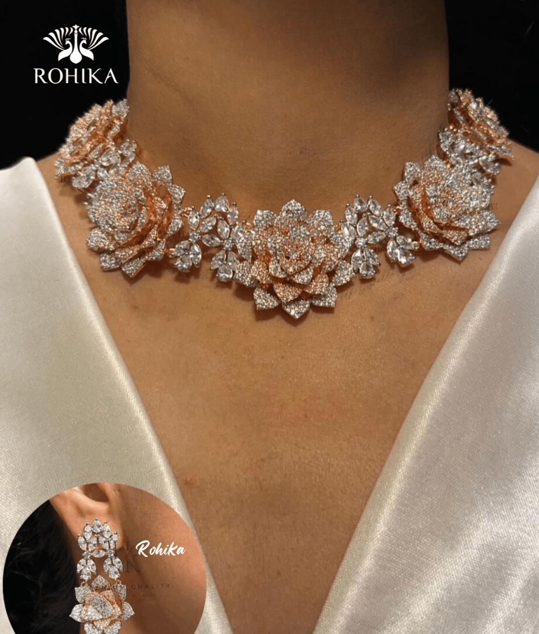 Amelia american diamond necklace set Rose gold Rohika Store