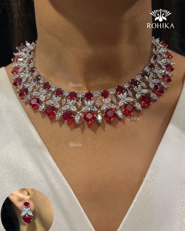 Ramona American Diamond Necklace - Red – Rohika Store