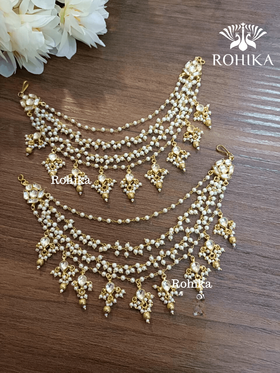 Pachhi kundan earchains - White – Rohika Store