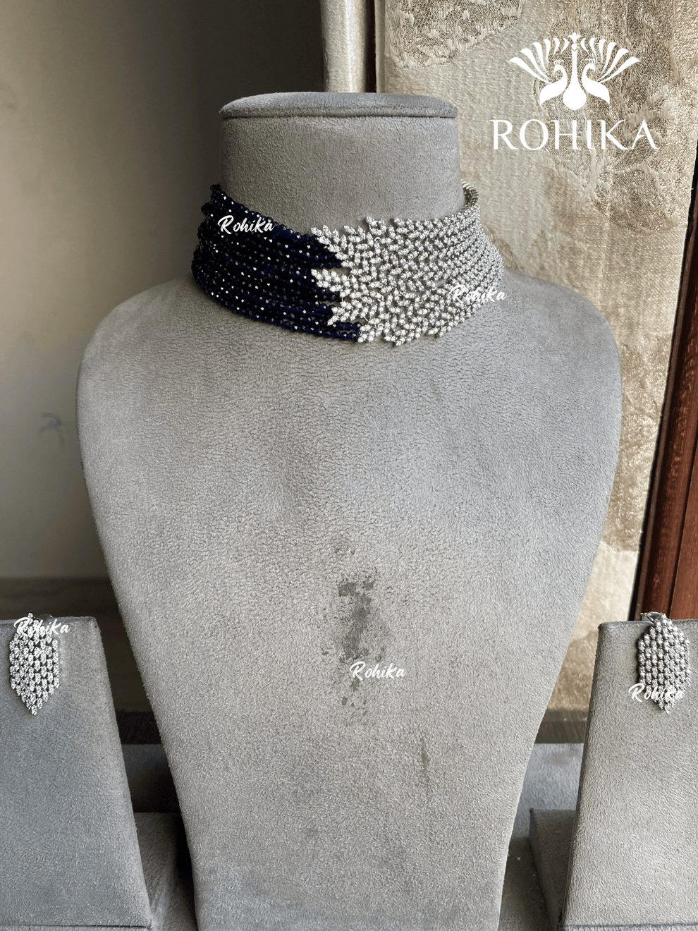 Suhasi american diamond choker set - Dark blue – Rohika Store