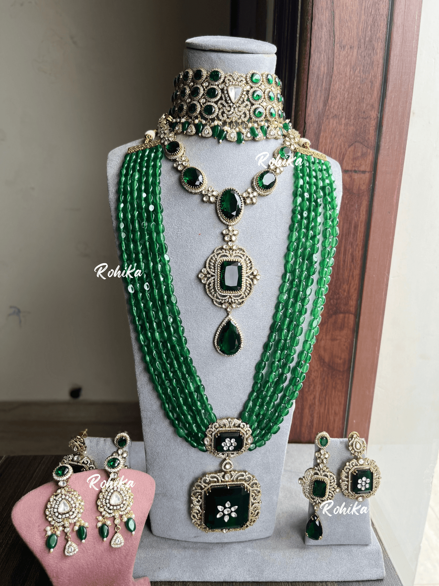 Neel kundan bridal combo set - Dark Green – Rohika Store
